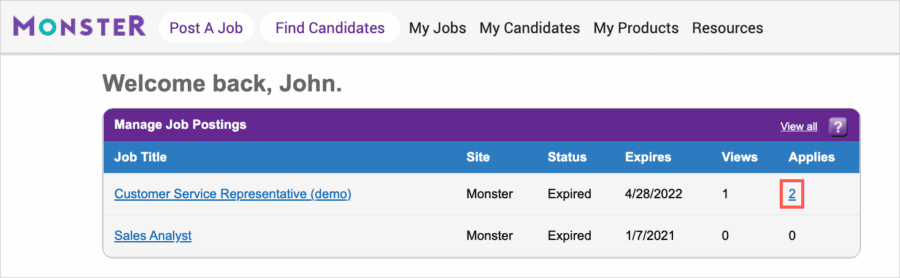 Monster Job Ads: View Candidate Applies | Monster.com